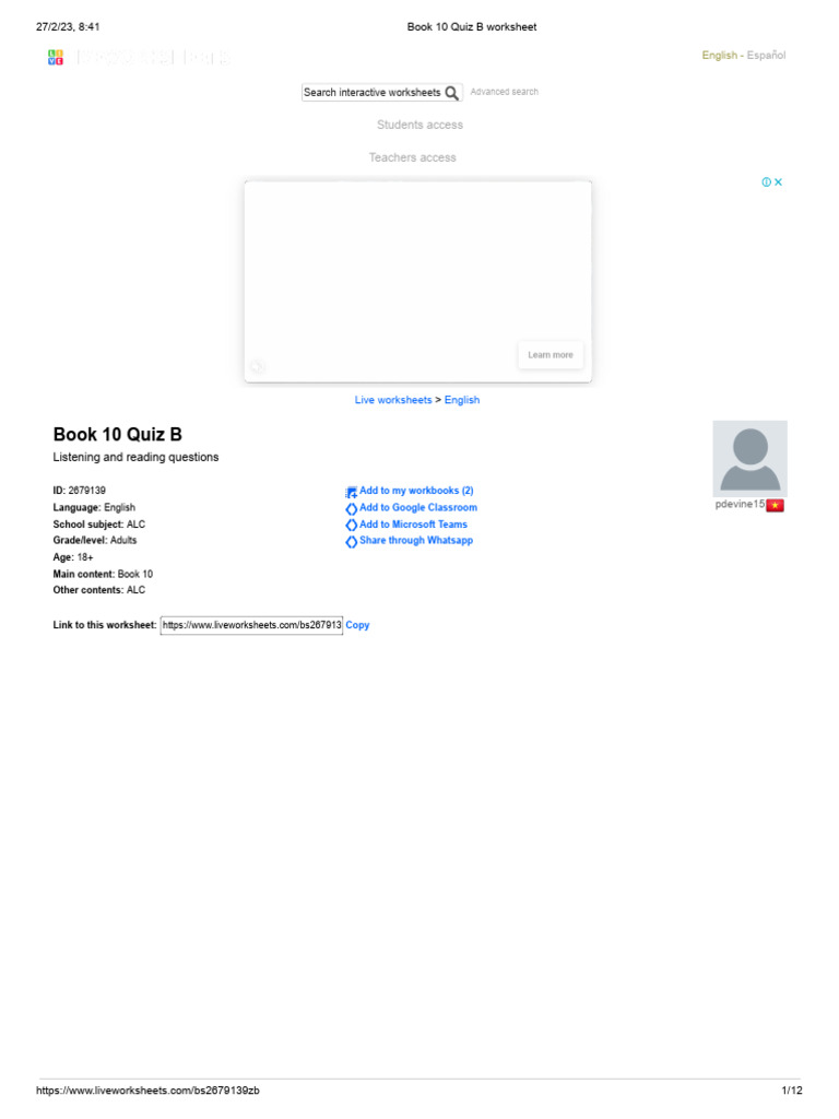 Book 10 Quiz B1 | PDF | Worksheet