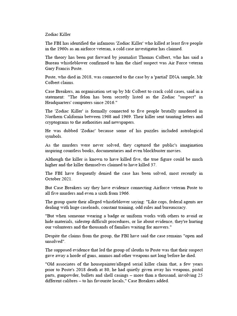 Zodiac Killer | PDF | Crimes | Crime & Violence