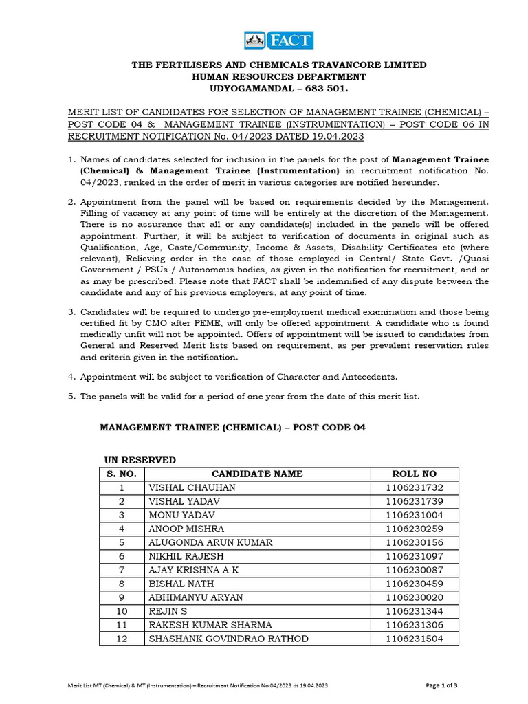 Merit List MT Chemical & Inst 04 2023 831 | PDF