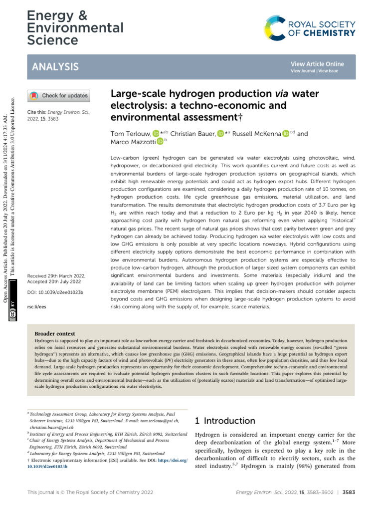 Large Scale Hydrogen Production Via Water Electrolysis 1710145647 | PDF ...