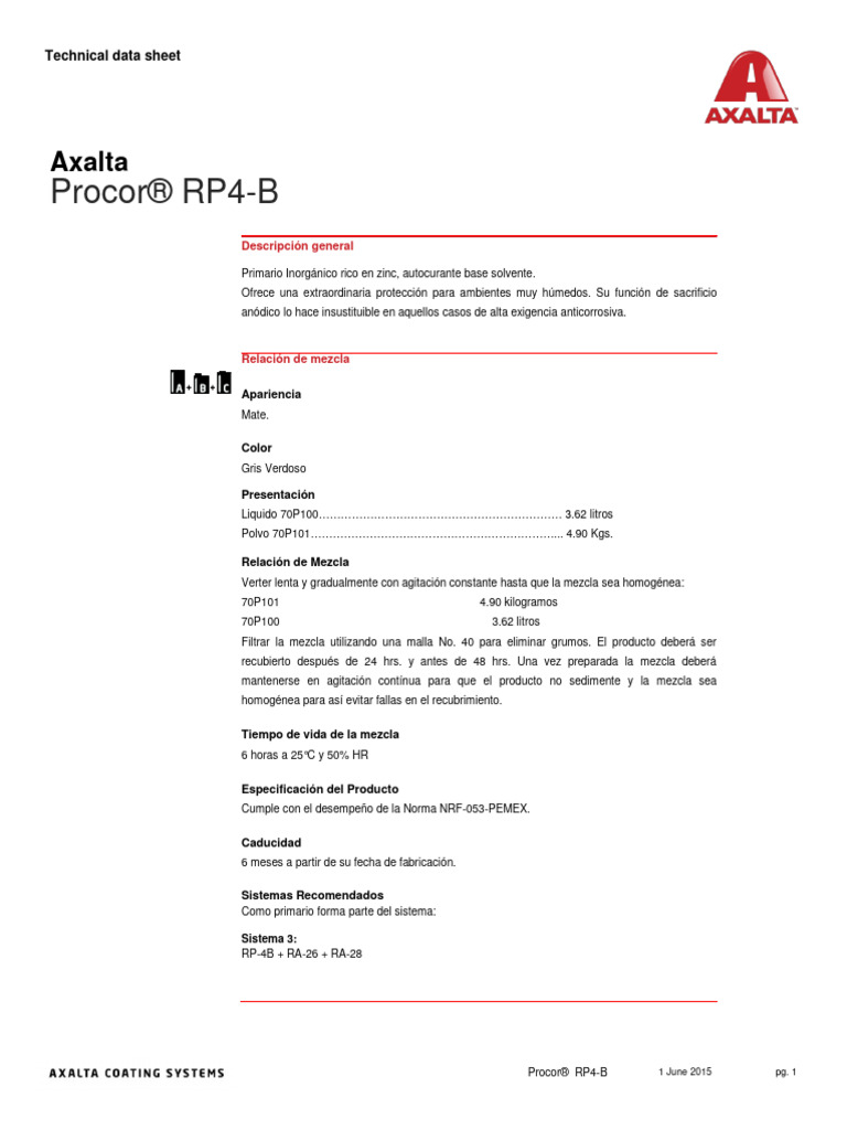 FT Primario Inorgánico de Zinc Procor RP4-B AXALTA® | PDF | Zinc | Redox