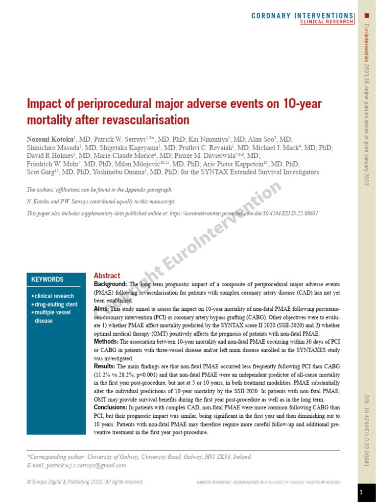 2023 Impact of Periprocedural Major Adverse Events On 10 Year | PDF | Percutaneous Coronary ...
