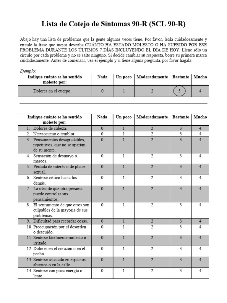 Lista de Cotejo de Sintomas 90-R SCL 90-R | PDF