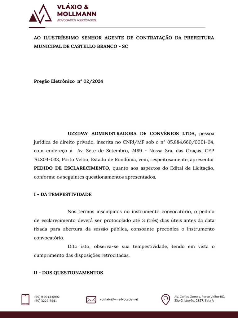 Pedido de Esclarecimento - Pe 02 - 2024 - Pref. Municipal de Castello ...