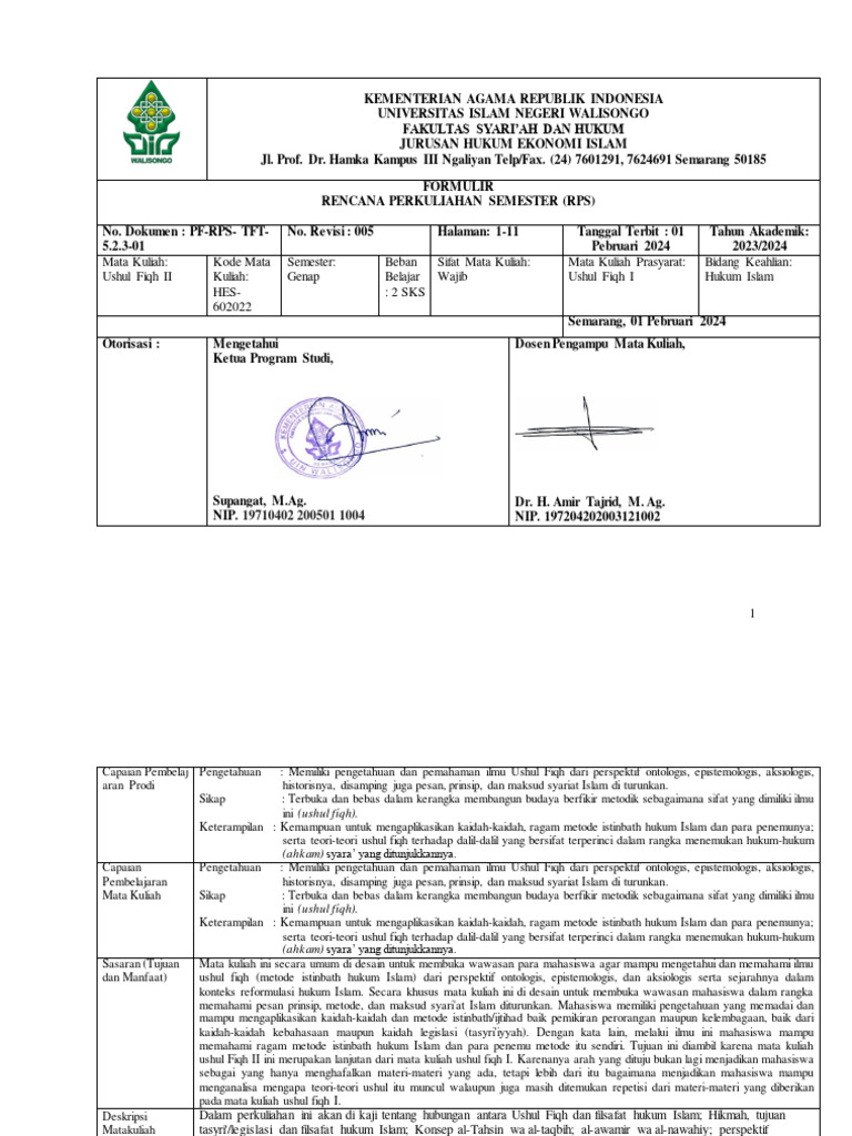 Rps Ushul Fiqh II Hes-A4 Pebruari 2024 (Selasa Isdb FSH 1-7 14.30) | PDF