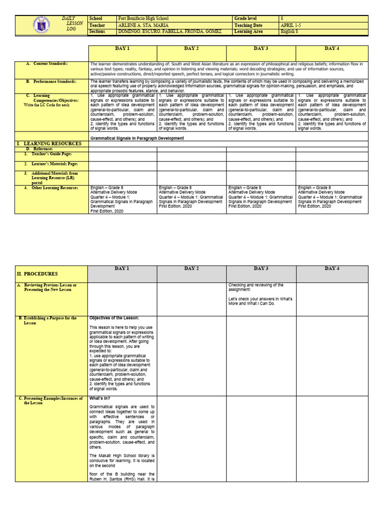 Day 1 Day 2 Day 3 Day 4: School Grade Level Teacher Teaching Date Sections Learning Area | PDF ...
