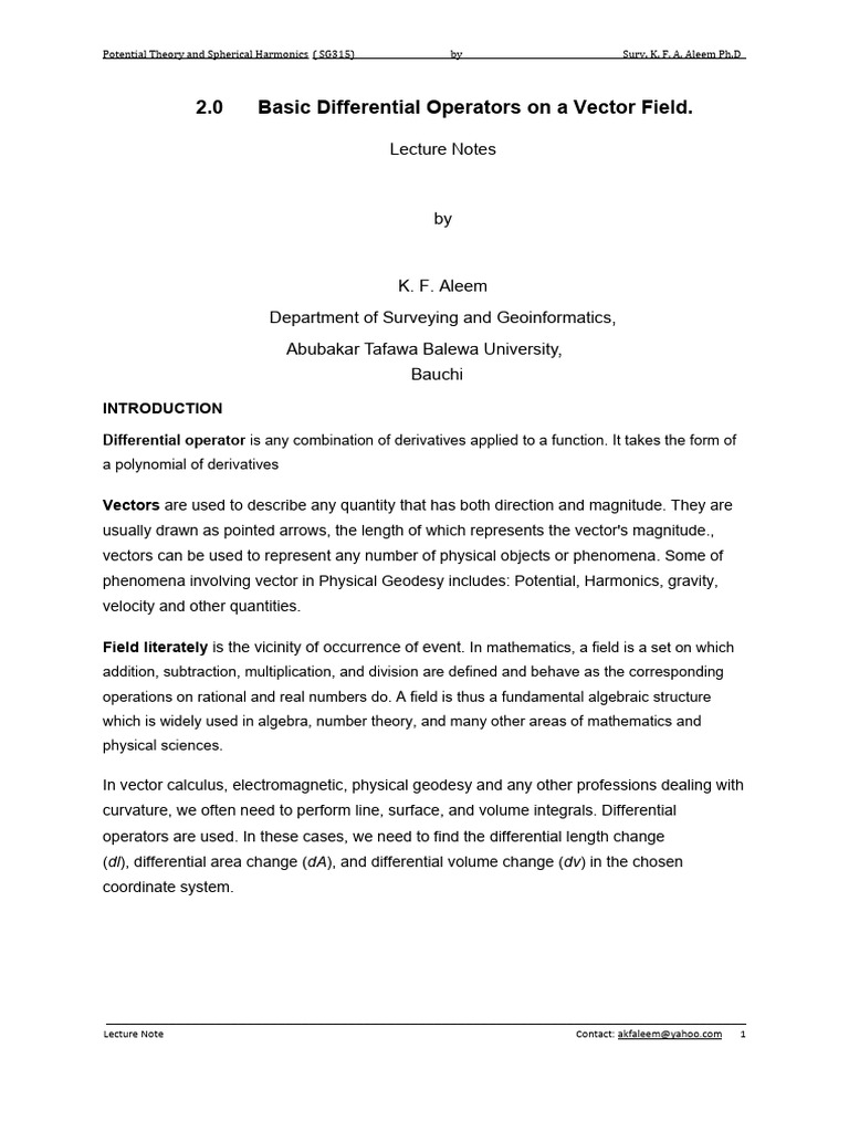 2 00 Basic Differential Operators On A Vector Field Pdf Coordinate System Field Mathematics