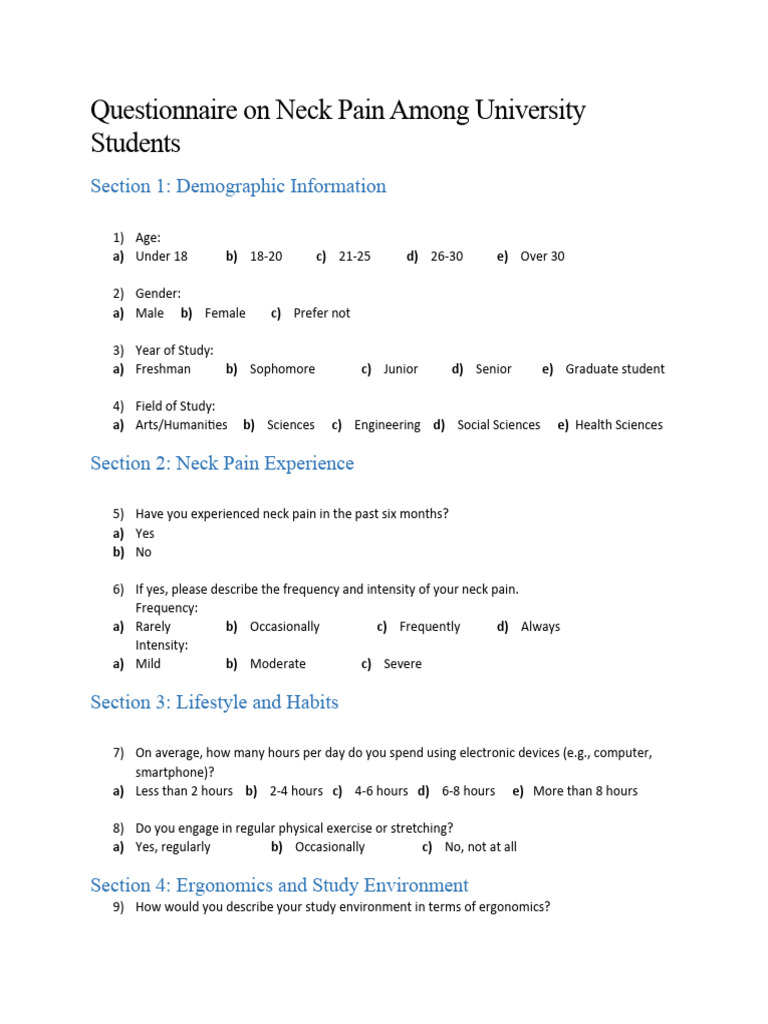 Questionnaire On Neck Pain Among University Students | PDF