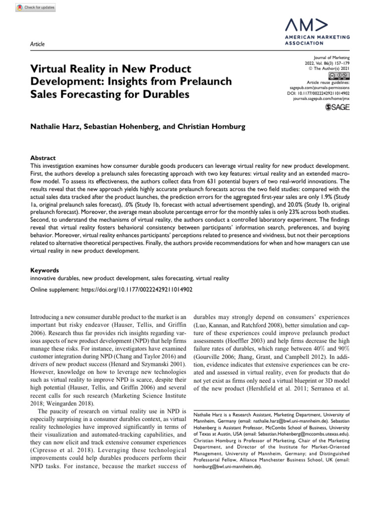 Virtual Reality in New Product Development - Insights From Prelaunch Sales Forecasting For ...