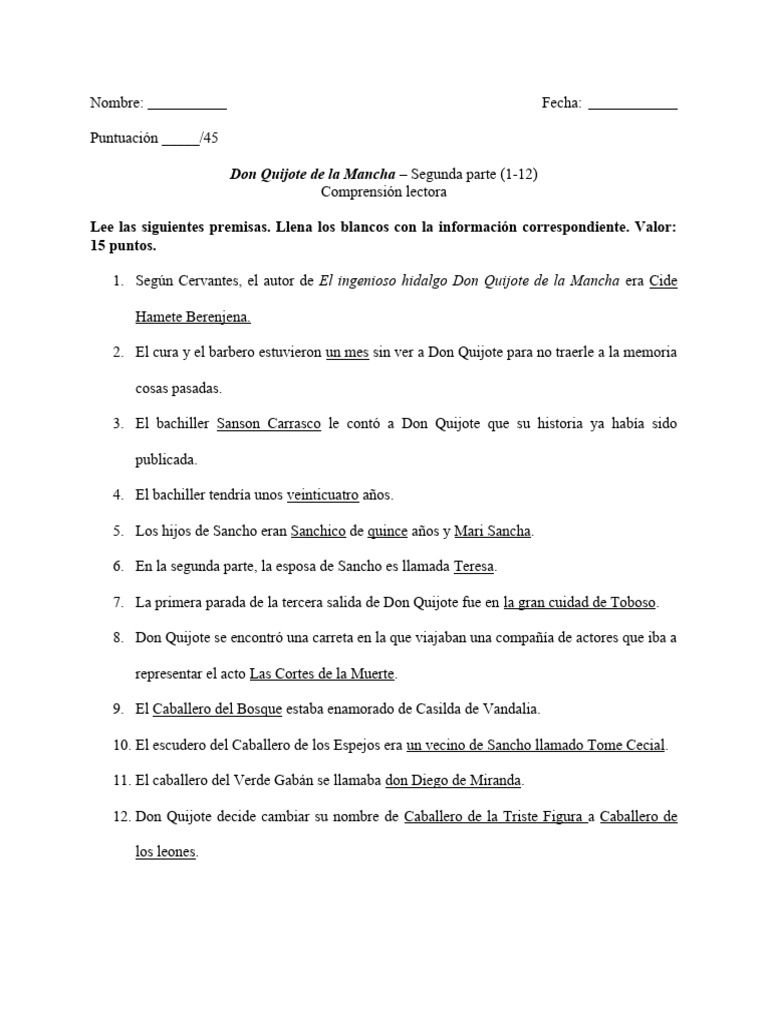 Comprensión de Don Quijote: Parte 2 | PDF | Don Quijote | Novelas españolas