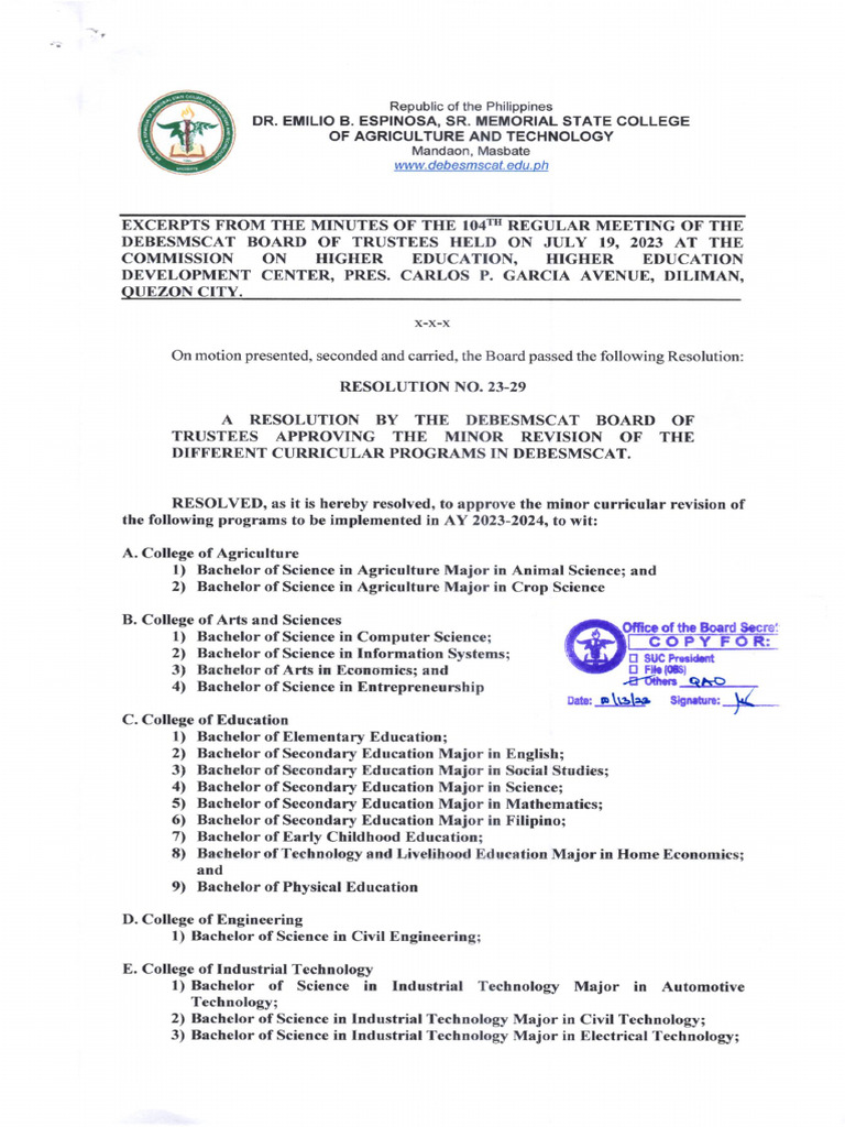A.5 - Board Resolution No. 23-29 Re Approval of Curriculum Revision in ...