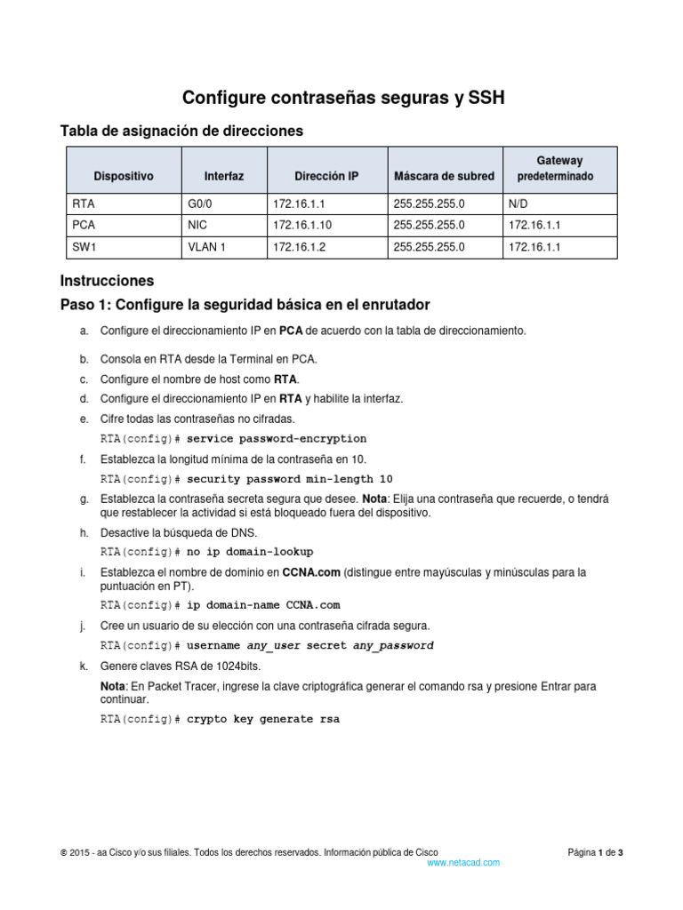 16.4.6-Packet-Tracer - Configure-Secure-Passwords-And-Ssh - es-XL | PDF | Dirección IP | Contraseña