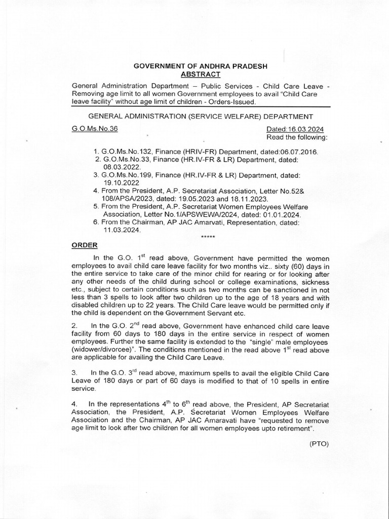GO Ms No 36 DT 16th March 2024 Child Care Leave | PDF