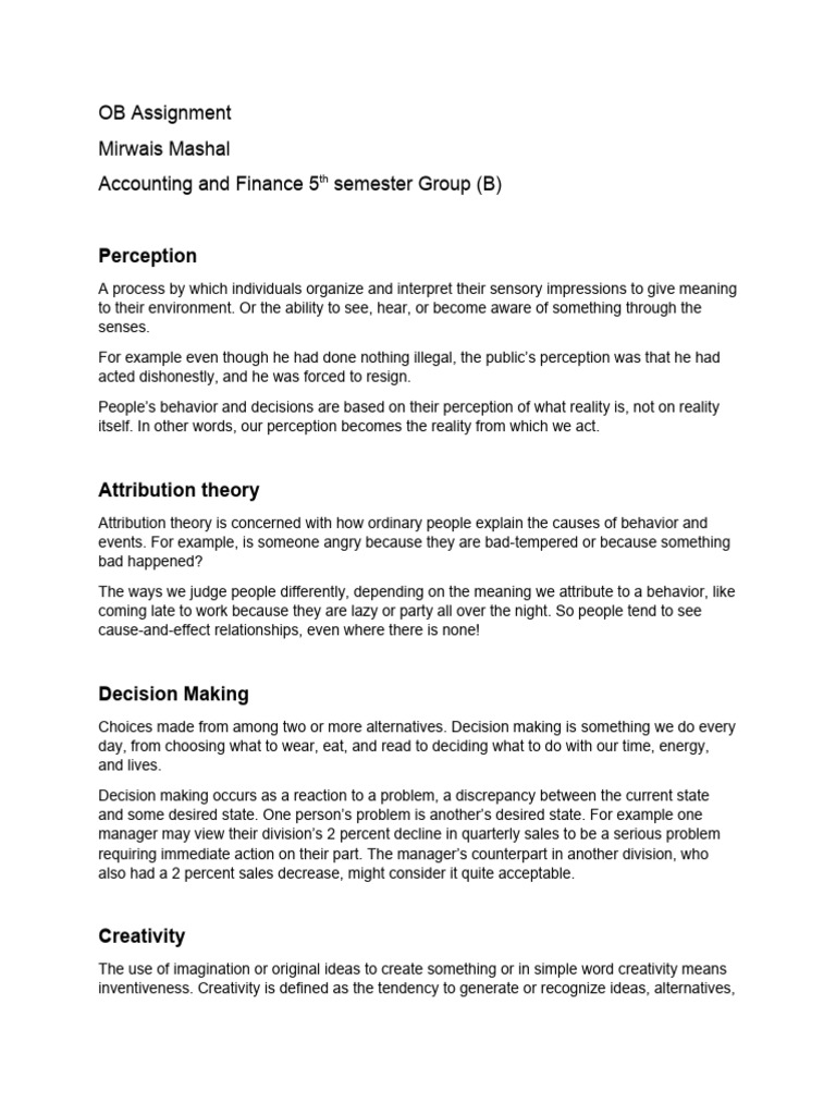 OB Assignment Mirwais Mashal Accounting and Finance 5 Semester Group (B) | PDF