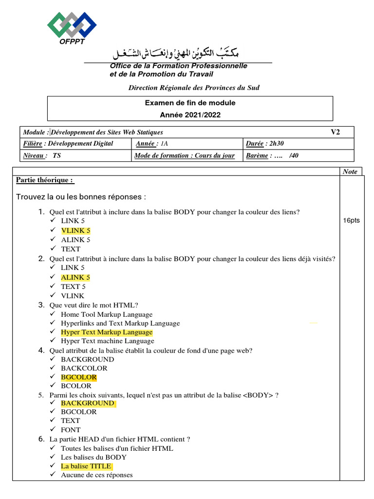 Examen Développement Web Statique OFPPT | PDF | Ordinateurs