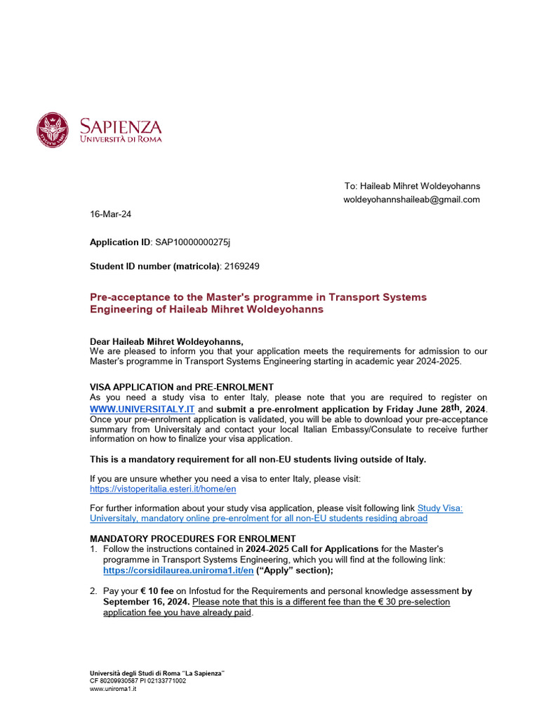 Pre-Acceptance Letter | PDF | Travel Visa