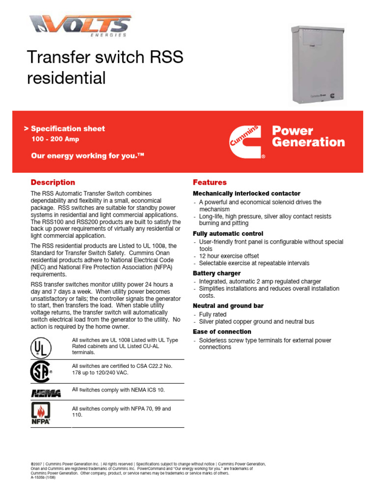 Cummins RSS Residential Automatic Transfer Switch | PDF