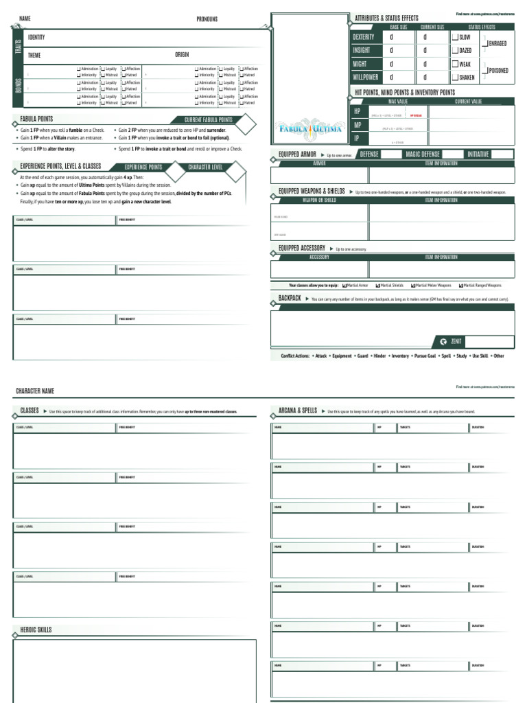 Fabula Ultima 2.9.4 Character Sheets Form Fillable | PDF