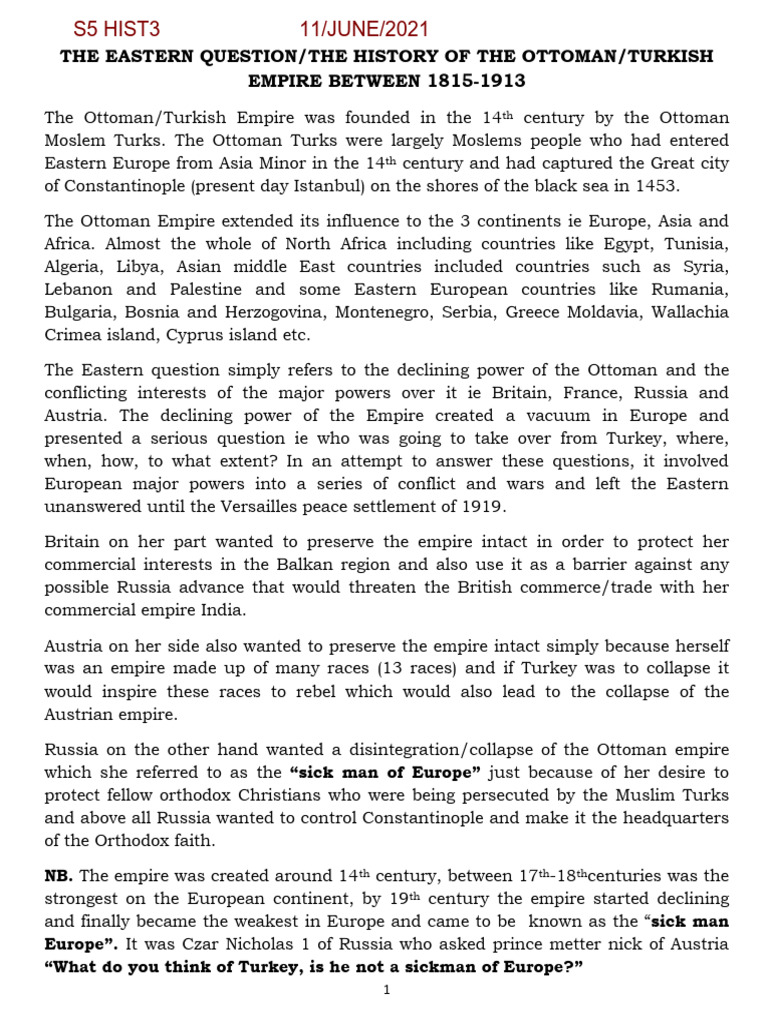 S5 Hist3 (Eastern Question, History of Ottoman) | PDF