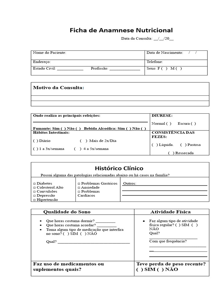 Anamnese Nutricional | Download grátis PDF | Diabetes | Medicina Clínica