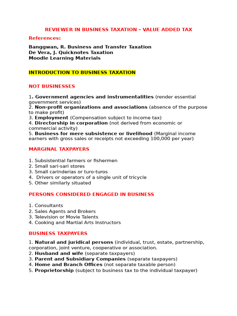 Reviewer in Business Taxation | PDF | Value Added Tax | Taxes