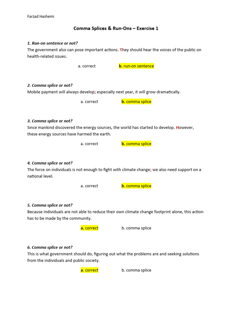 Comma Splices & Run-Ons Exercise 1 | PDF