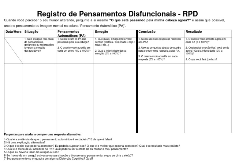 Registro de Pensamentos Disfuncionais - RPD | PDF Registro de Pensamentos Disfuncionais - RPD | PDF