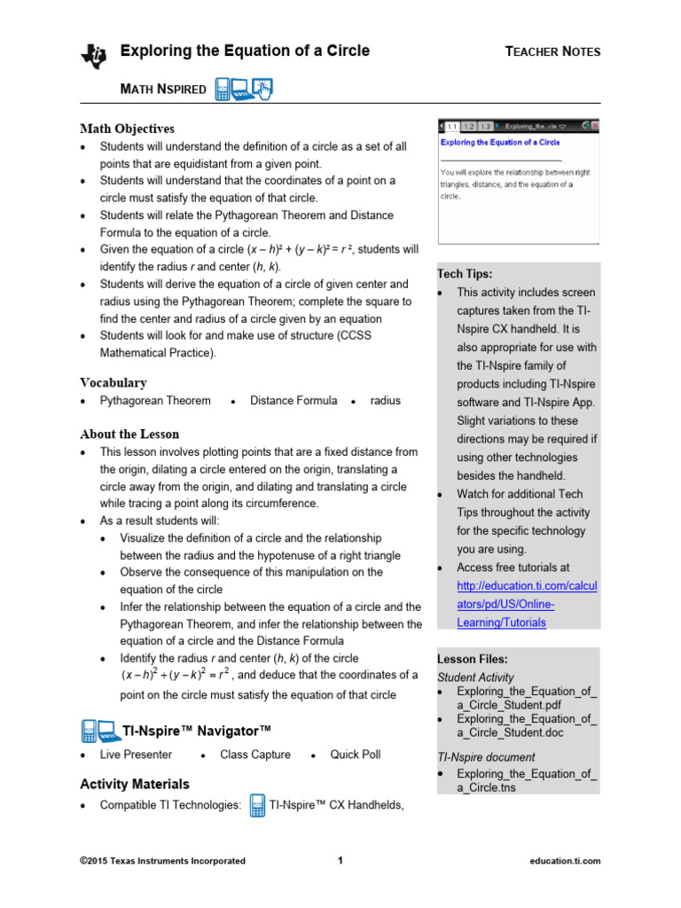 Exploring The Equation of A Circle Teacher | PDF | Circle | Triangle