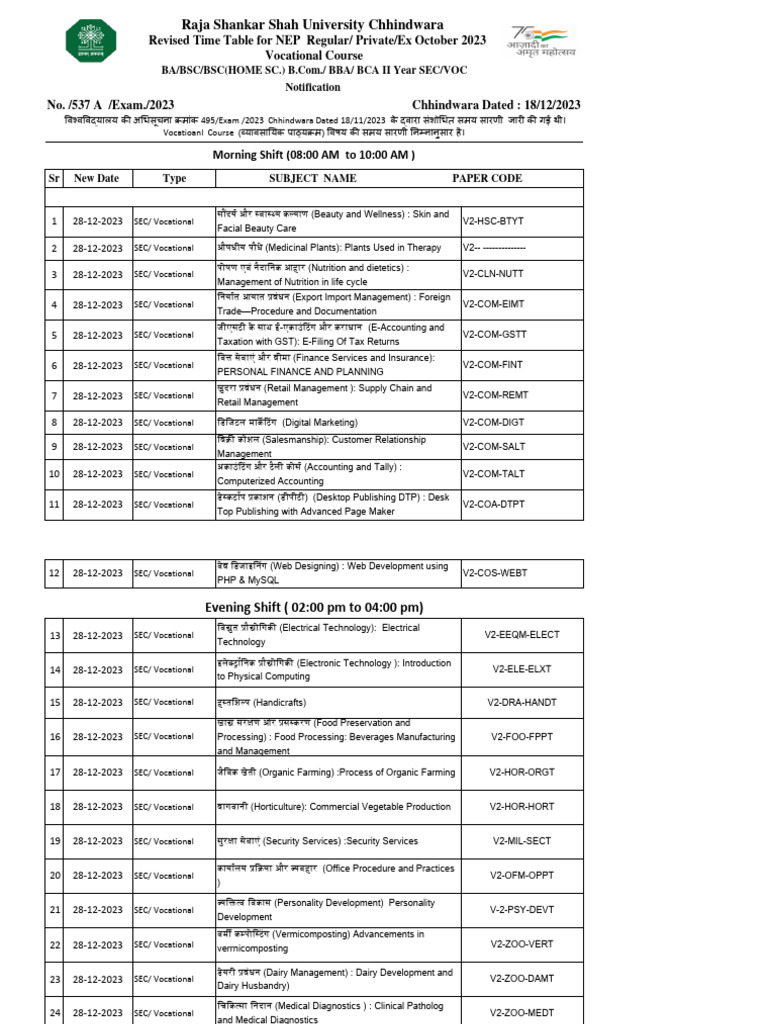 NEP UG II Year Vocational OEC Time Table | PDF