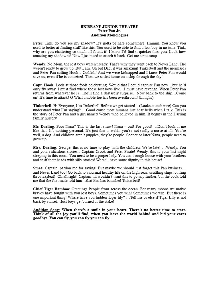 Peter Pan Monologues | PDF | Peter Pan | Wendy Darling