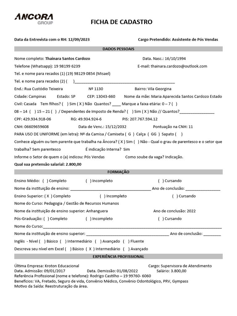 Ficha de Cadastro ADM | PDF | Qualidade (negócios)