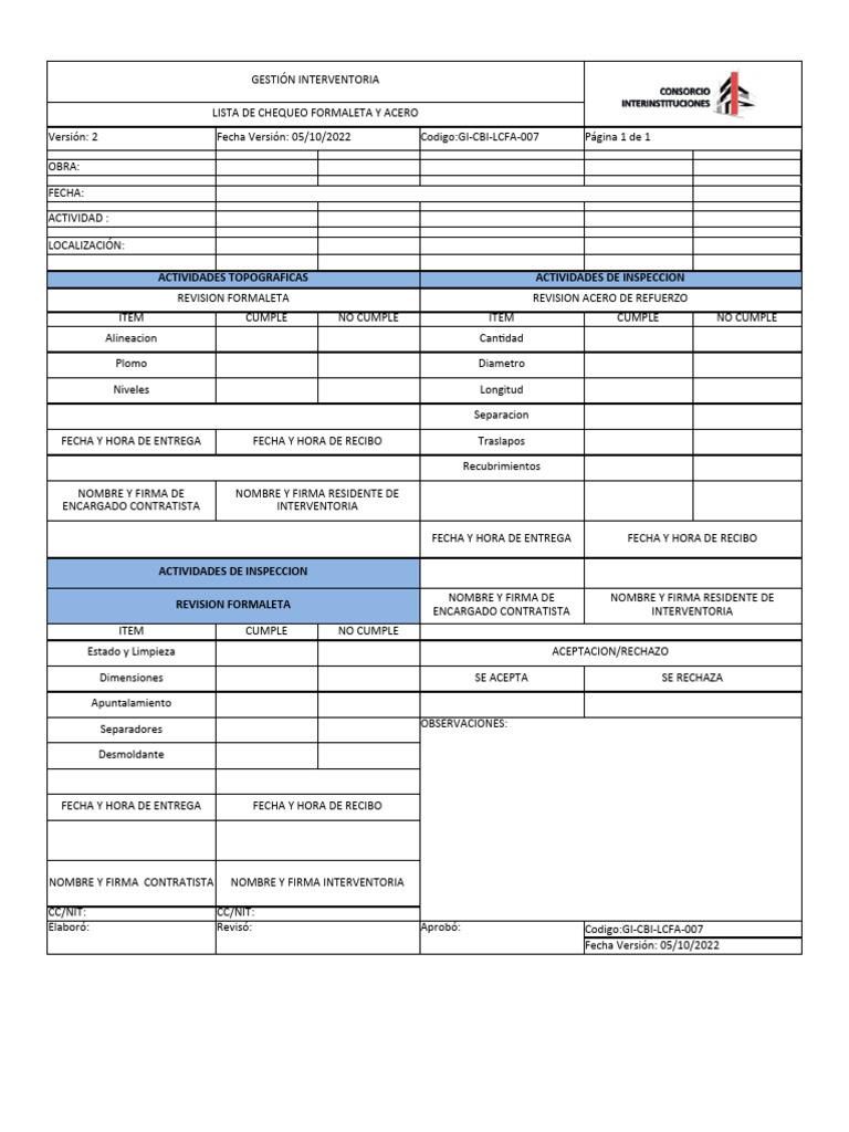7 GI-CBI-LCFCA-007 Lista Chequeo Formaleta y Acero | PDF