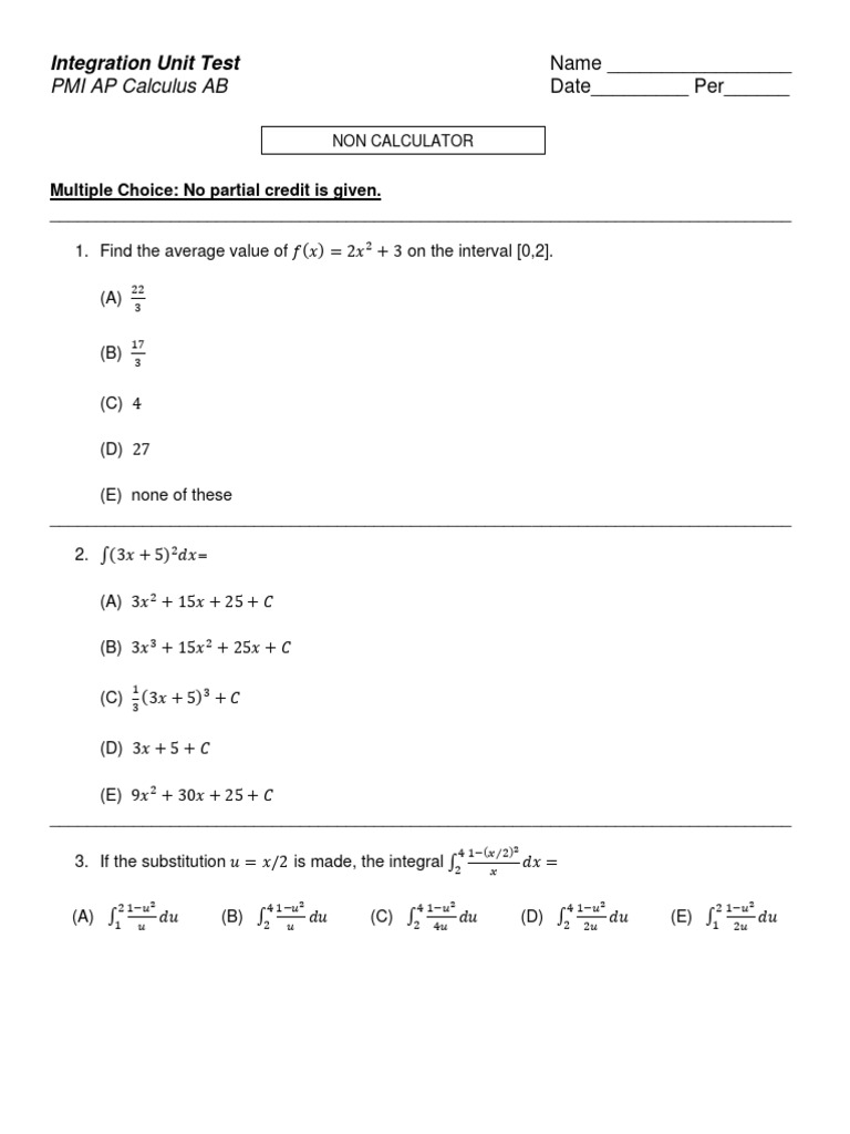 AP Calculus AB Integration Unit Test | PDF | Integral | Functions And ...