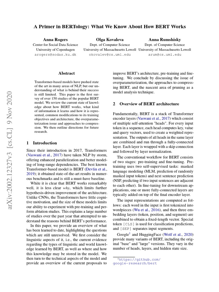 A Primer in BERTology - What We Know About How BERT Works | PDF ...