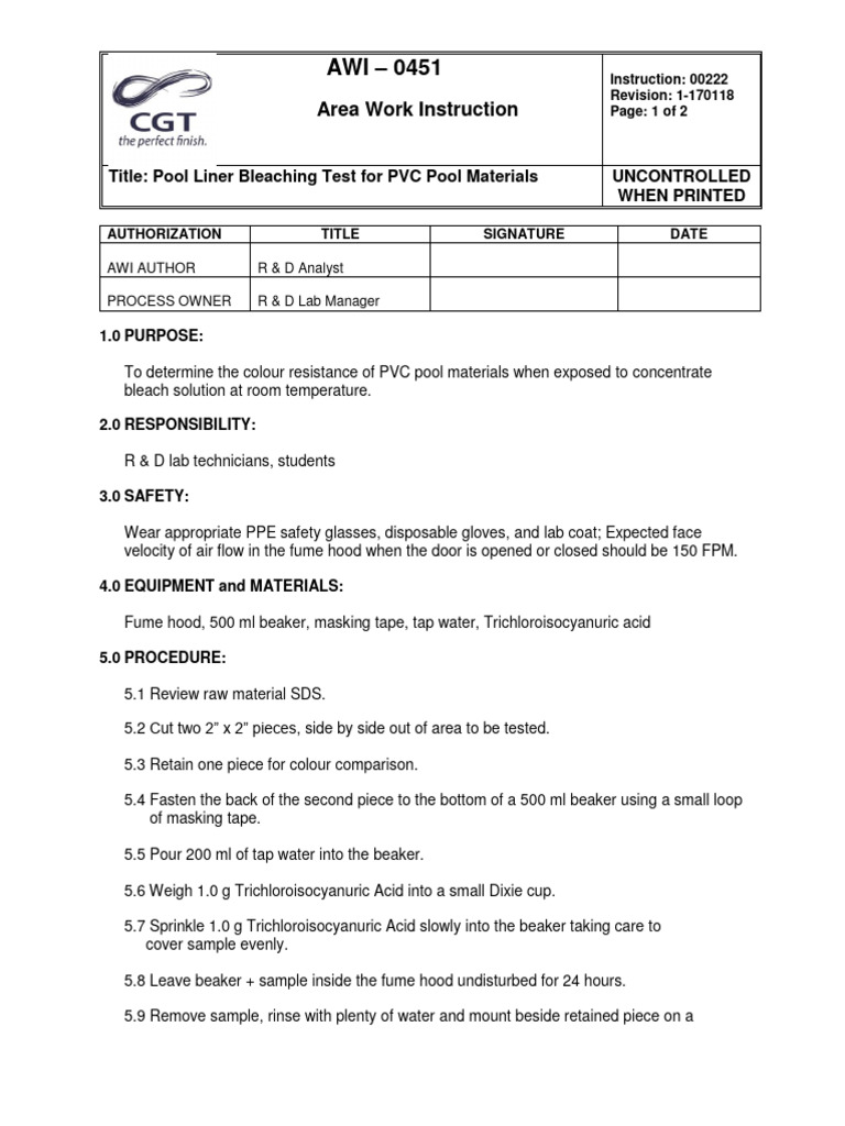 Area Work Instruction: Title: Pool Liner Bleaching Test For PVC Pool ...