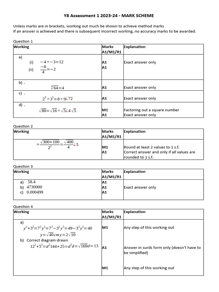 23-24 Year 8 Assessment 1 Markscheme | Download Free PDF | Abstract Algebra | Mathematical Objects