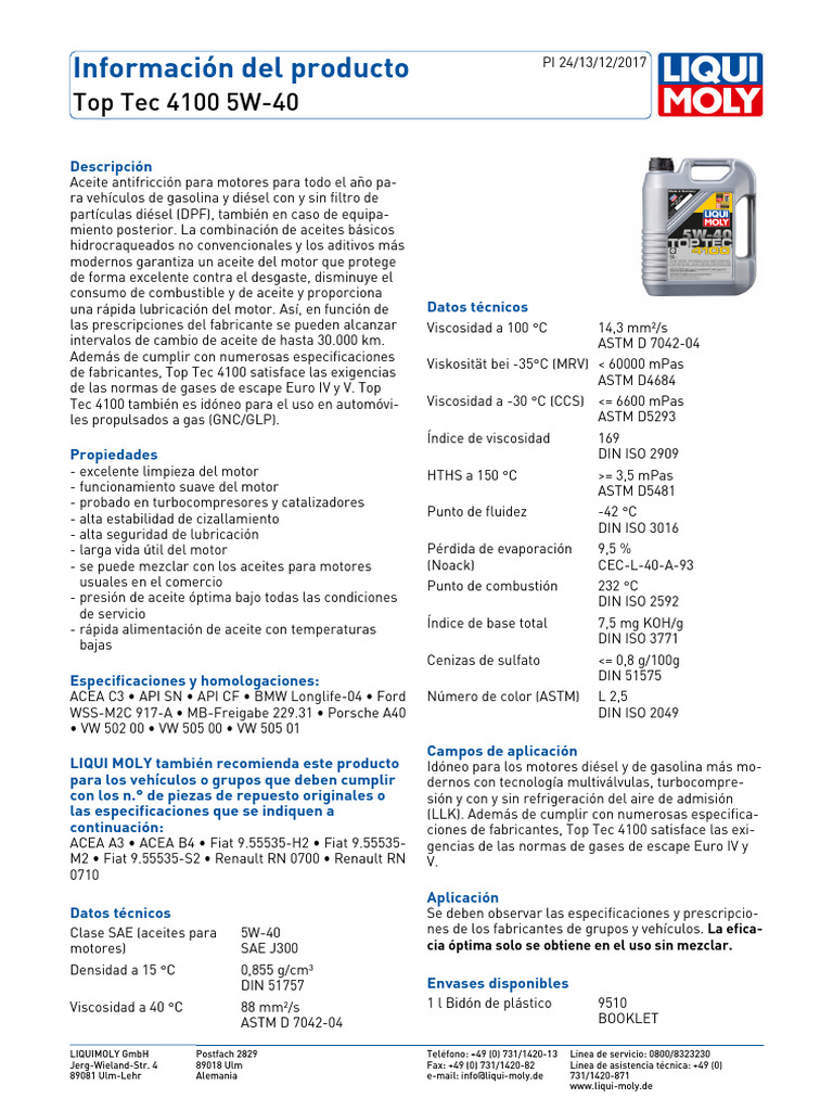Ficha - Aceite de Motor 5w-40 - Top Tec 4100 | Descargar gratis PDF ...