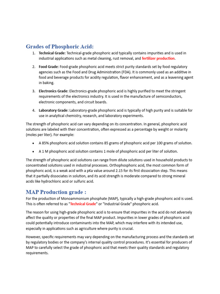 Phosphoric Acid Grades and Uses | PDF | Mole (Unit) | Acid