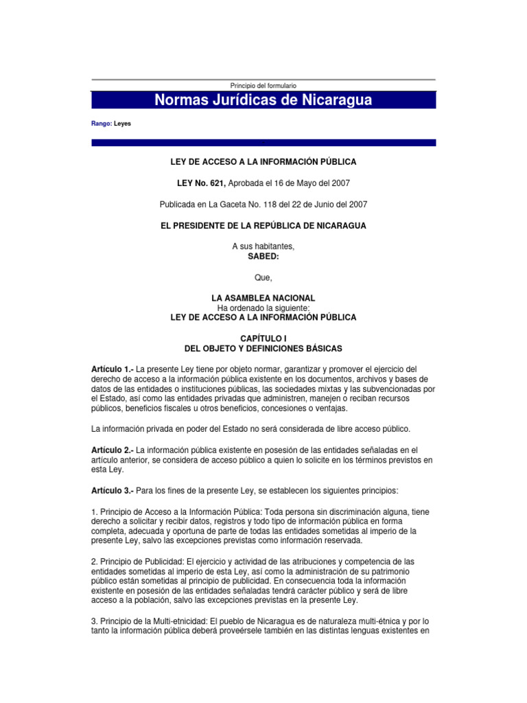 Ley 621 - Ley de Acceso A La Informacion Publica Nicaragua | Descargar ...