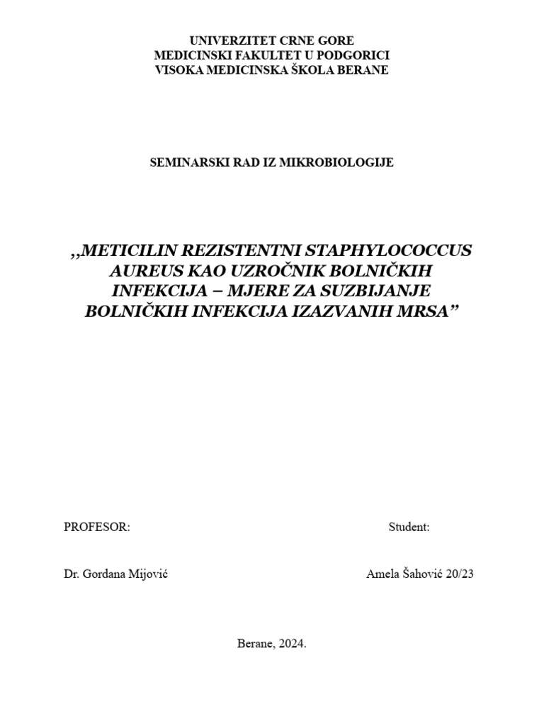 Meticilin Rezistentni Staphylococcus Aureus-Mjere Za Suzbijanje IHI | PDF