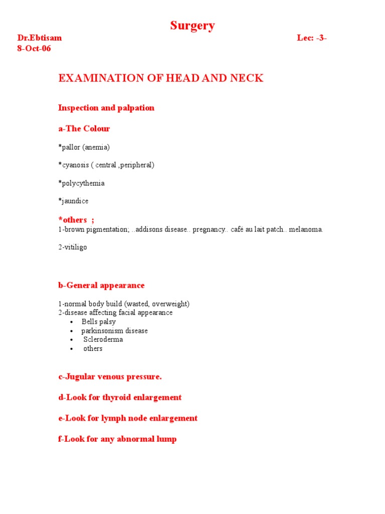 Examination of Head and Neck: Surgery | Download Free PDF | Medical ...