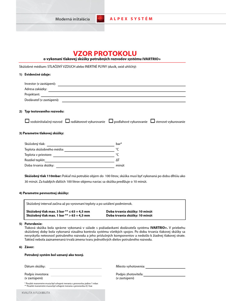 VZOR Protokolu o Vykonani Tlakovej Skusky Potrubnych Rozvodov Systemu IVARTRIO Skusobne Medium ...