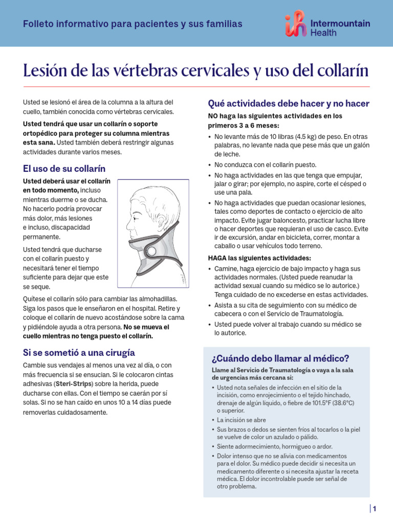 Cervical Spine Injury and Neck Collar Fact Sheet Spanish | PDF ...