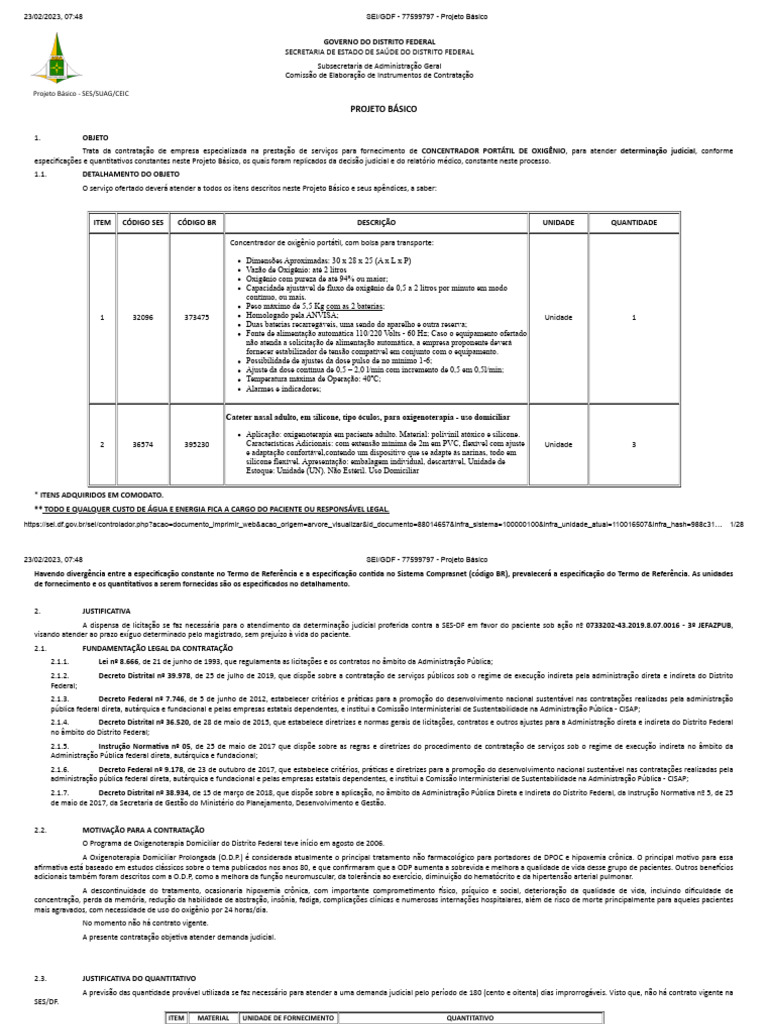 Projeto Básico - OFÍCIO 266 - CONCENTRADOR PORTÁTIL DE OXIGÊNIO | PDF
