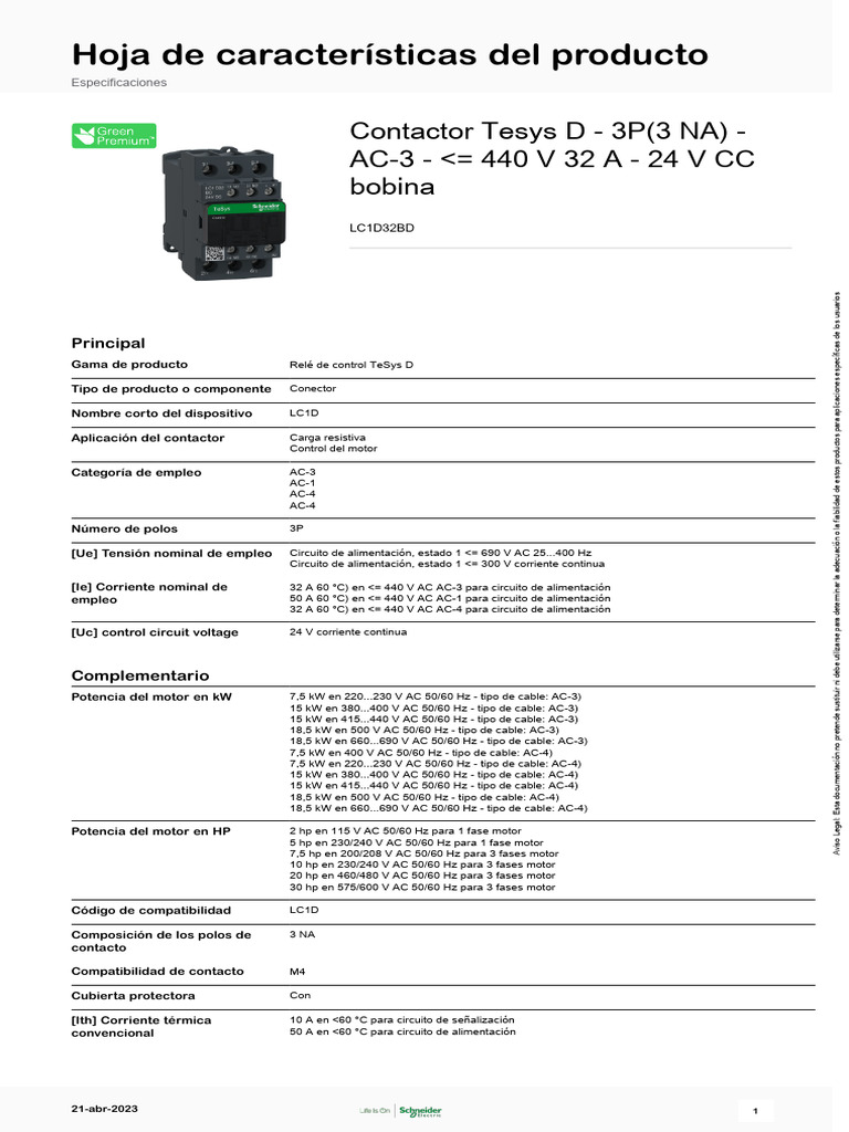 TeSys D - TeSys Deca Control - Tallas 1 - 2 y 3 - LC1D32BD | PDF ...