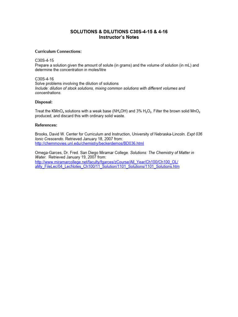 Solutions & Dilutions C30S-4-15 & 4-16 Instructor | PDF | Molar ...