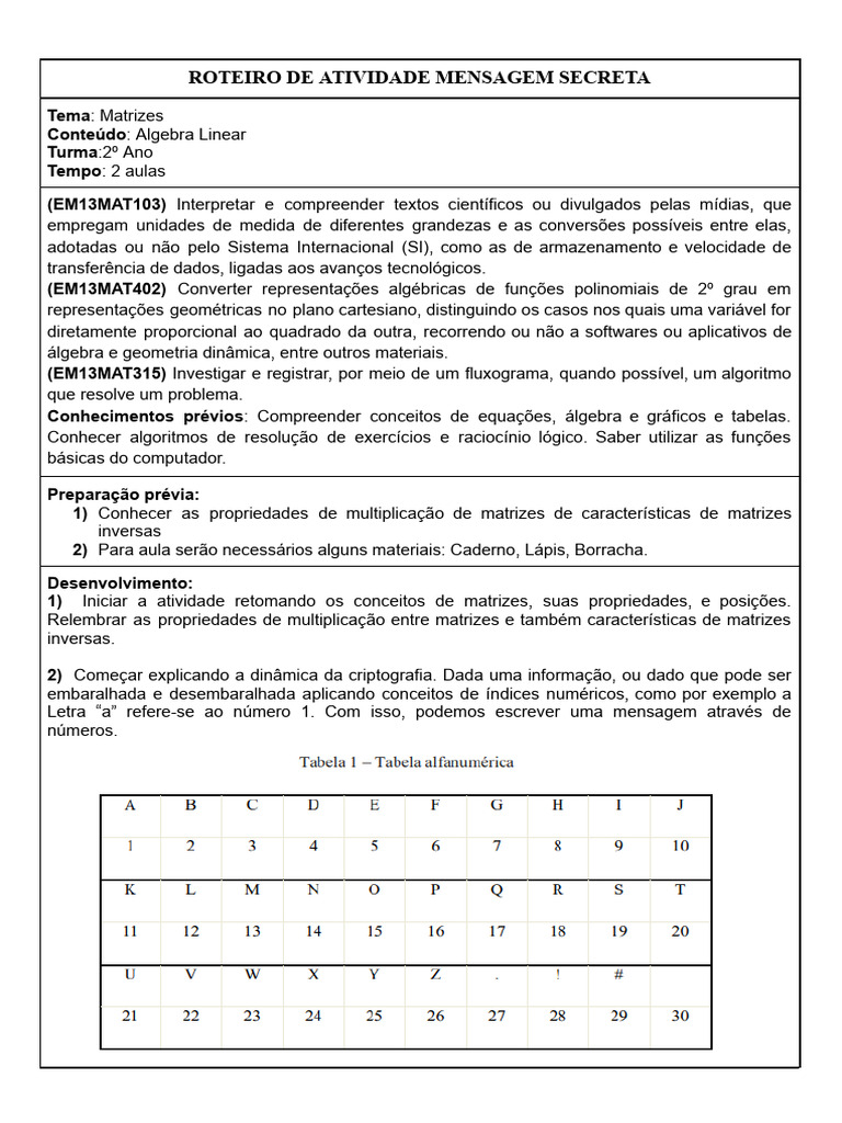 Roteiro de Atividade Criptografia Com Matrizes | Download grátis PDF | Matriz (Matemática) | Álgebra