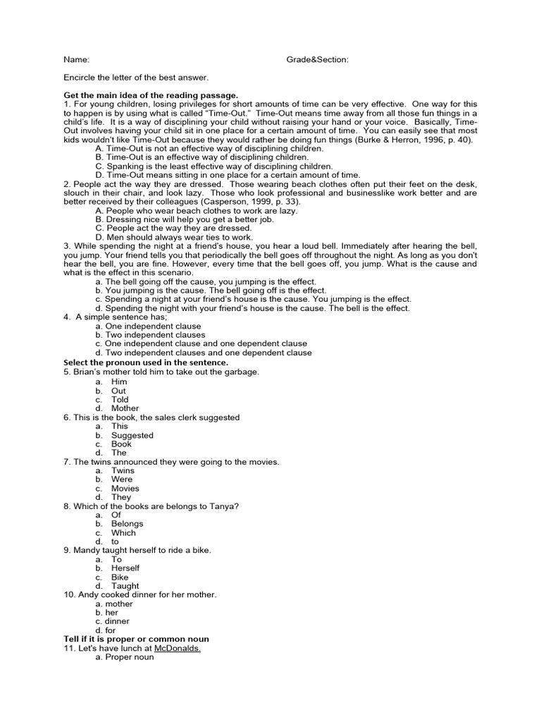 Pre Test Grade 7 | PDF | Syntax | Linguistics