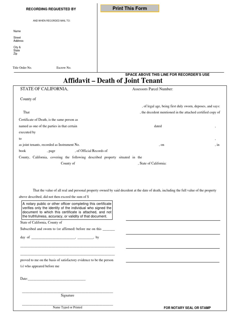 Affidavit of Death of Joint Tenant Form | PDF | Notary Public | Affidavit