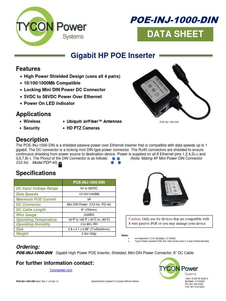 POE-INJ-1000-DIN Gigabit POE Inserter Spec Sheet | Download Free PDF ...